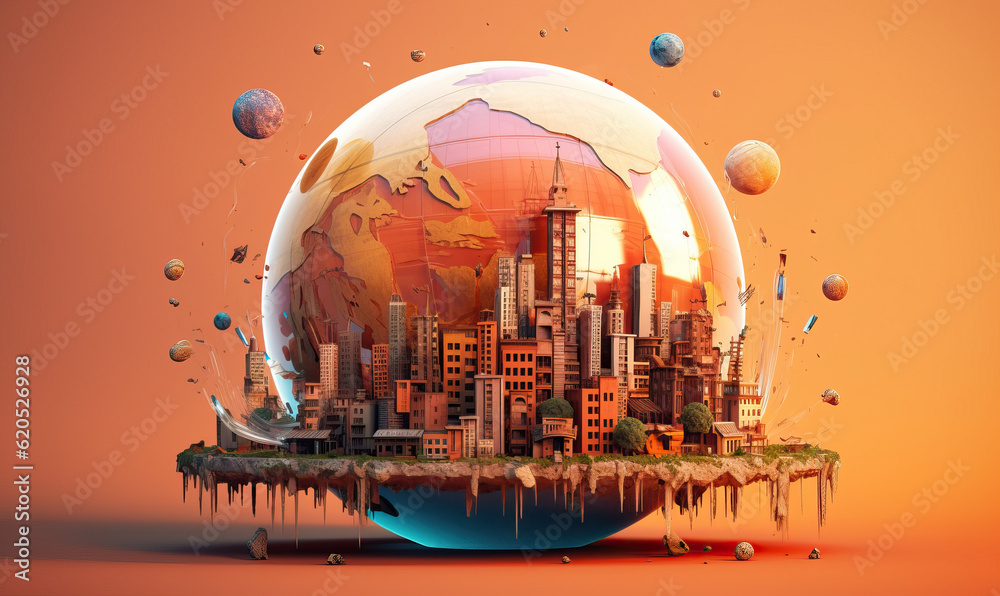 Abstract 3D Model of Globe with Orange Cities. Created using generative ...