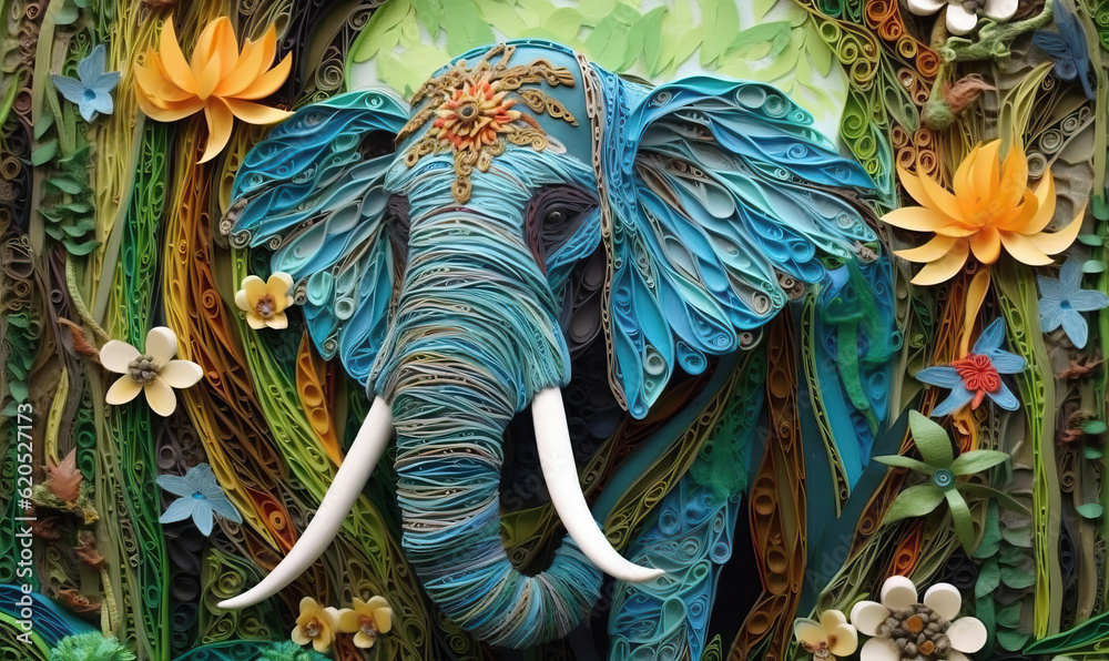 Indian Elephant in the Jungle, Quilling. Created using generative AI ...