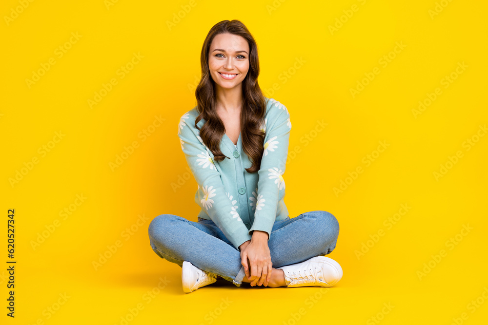 Full length photo of cute adorable lady dressed teal cardigan smiling ...