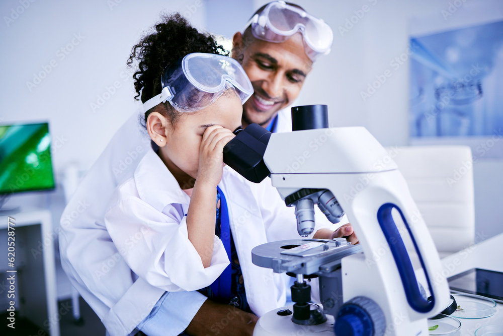 Science, microscope and dad with child in laboratory for medical ...