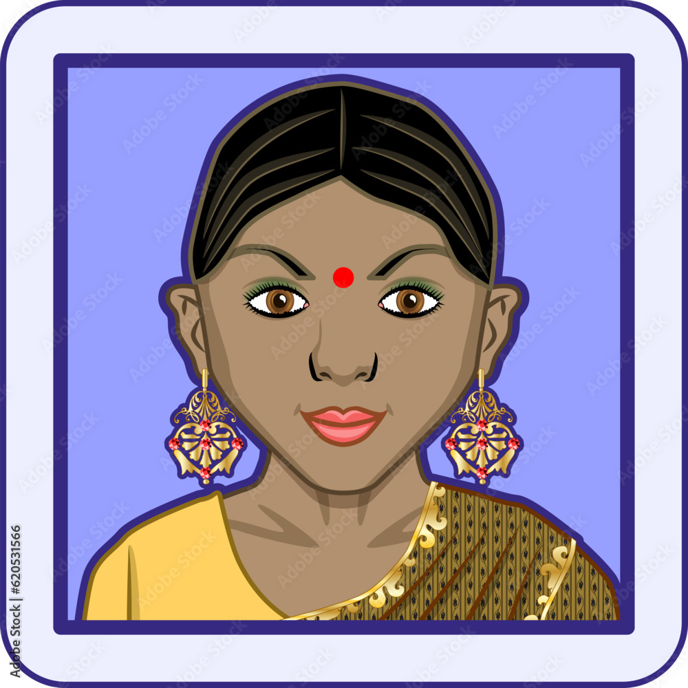 Avatar profile pic of young Indian woman with bindi and sari. Vector ...