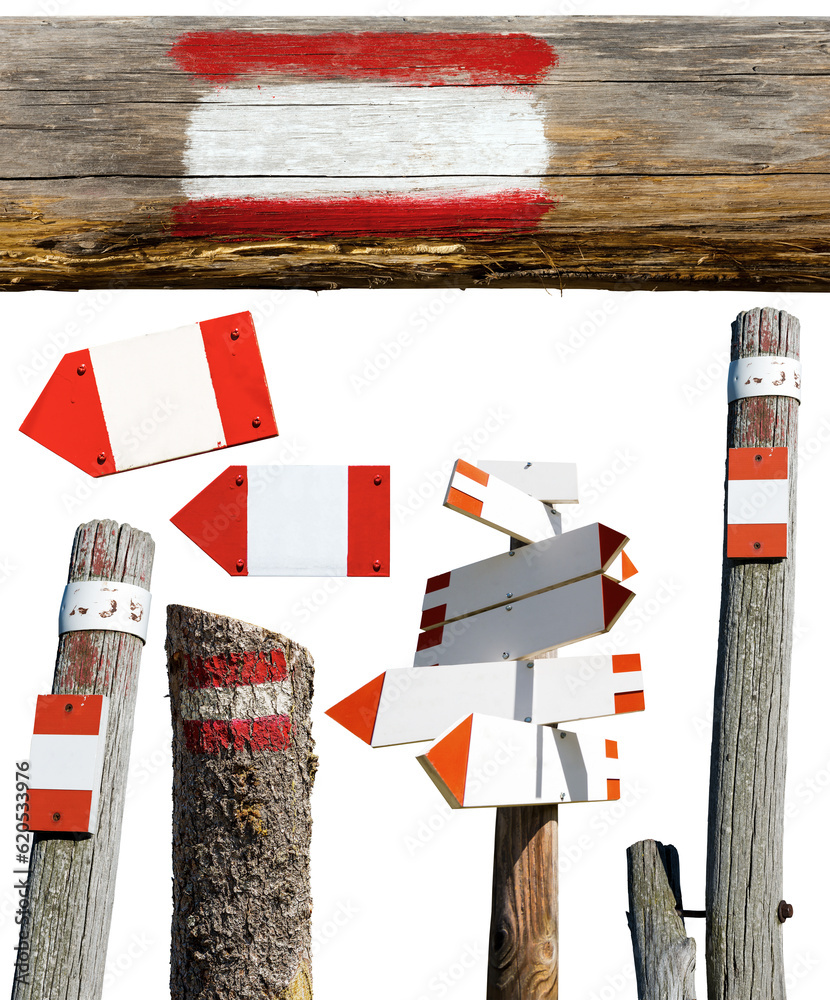Collection of red and white directional trail signs (footpath sign ...