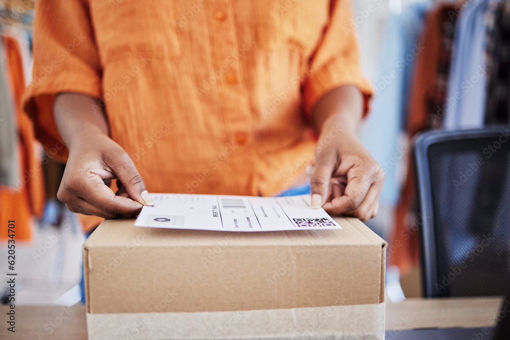 Hands, label or woman with box for delivery, shipping or package with ...