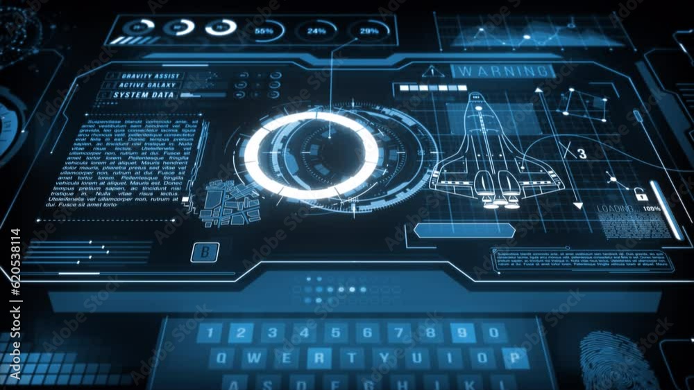 Spaceship HUD Dashboard. Moving across futuristic display with ...