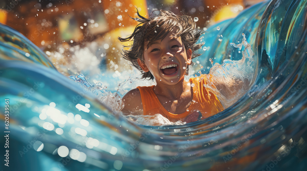 Water Park Adventure. Wide-angle photo of a kid swimming in a vibrant ...