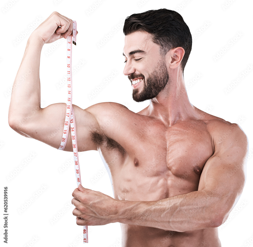 Muscle, man with tape measure for biceps and fitness, body and progress ...