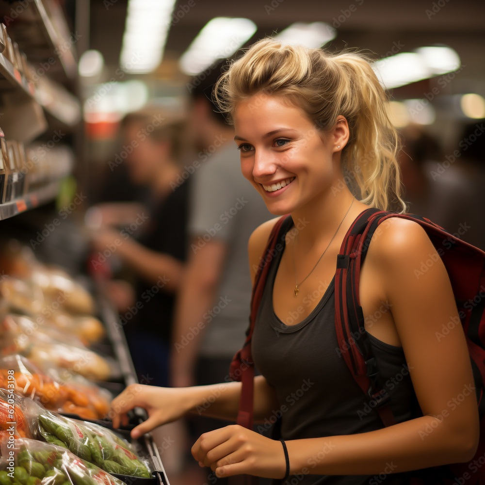 pretty young woman goes grocery shopping in supermarket - theme healthy ...