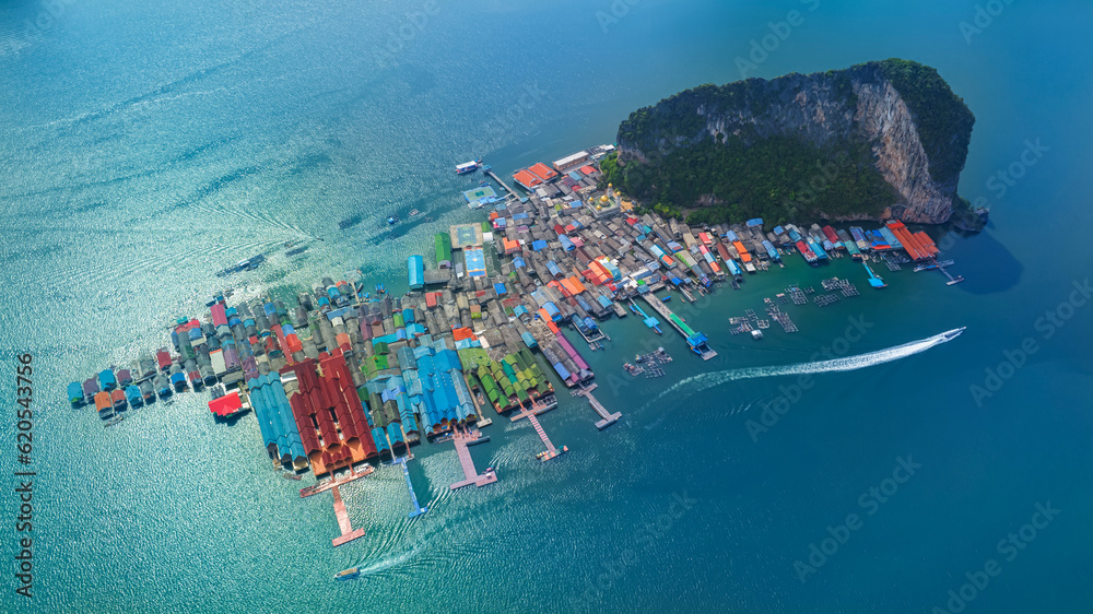 Aerial view of floating village, Koh Panyee fishing village island in ...