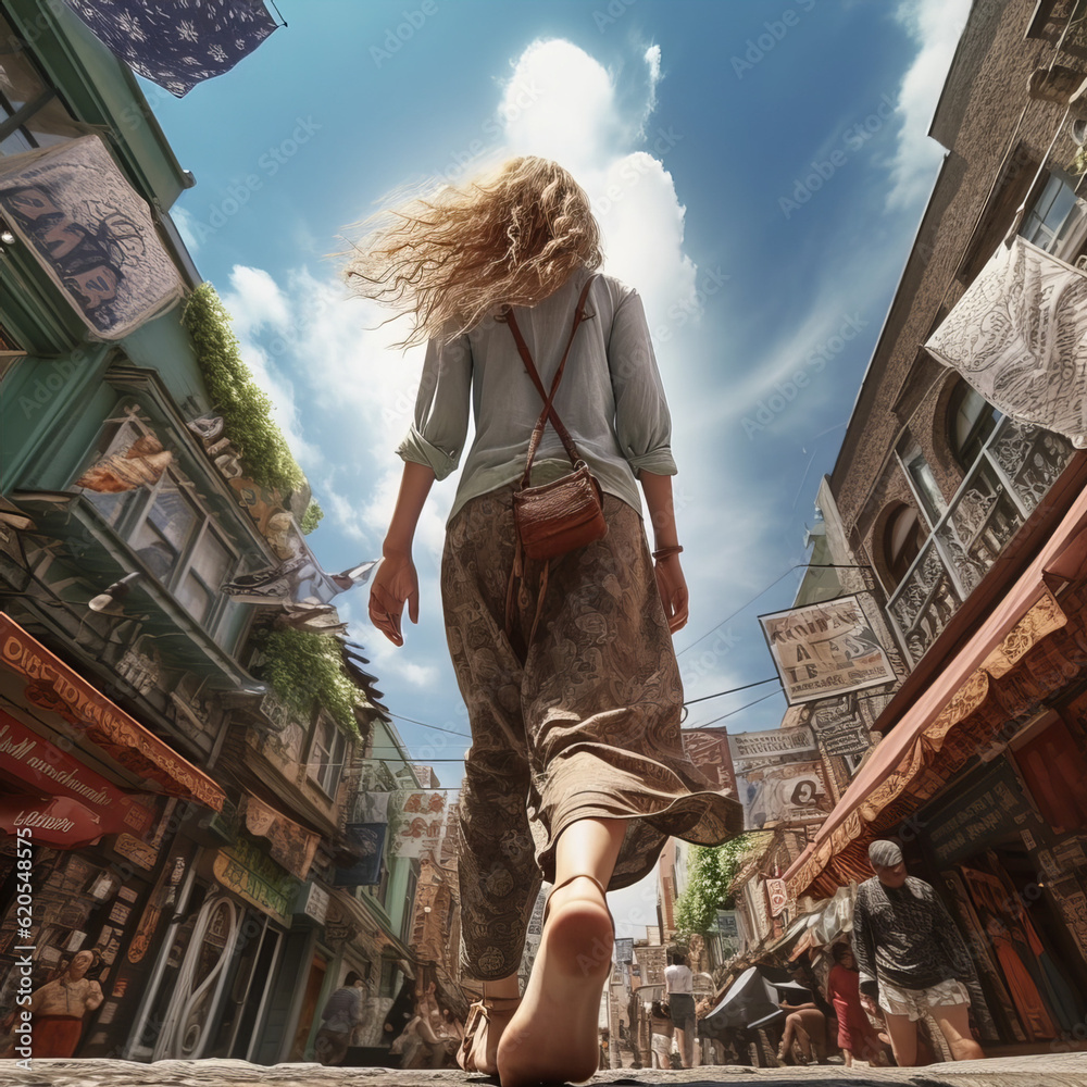 Urban Wanderlust: Barefoot Hippie Girl in her 20s Exploring the City Streets Stock Illustration ...