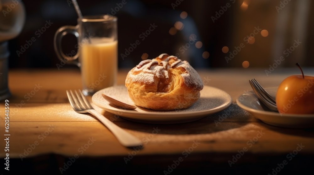 Chausson aux Pommes on a rustic wooden table with an espresso and a ...