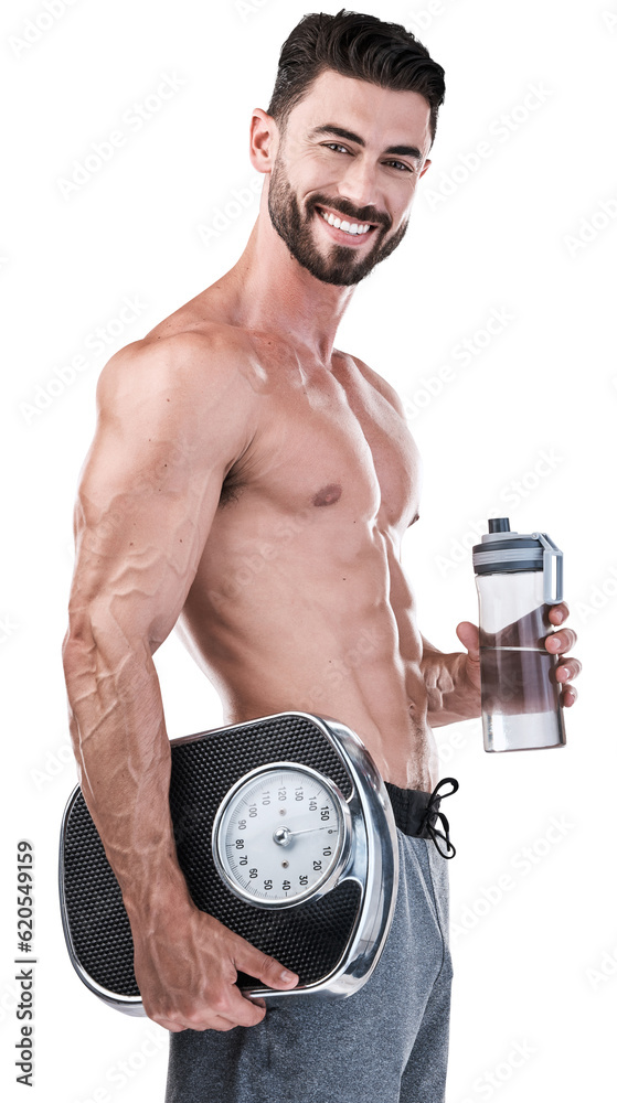 Fitness, portrait and man with weight scale, water bottle and smile ...