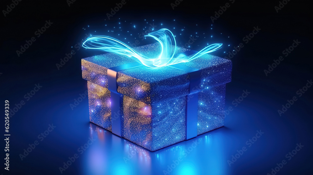 Blue open gift box with magical light. Generative Ai Stock Illustration ...