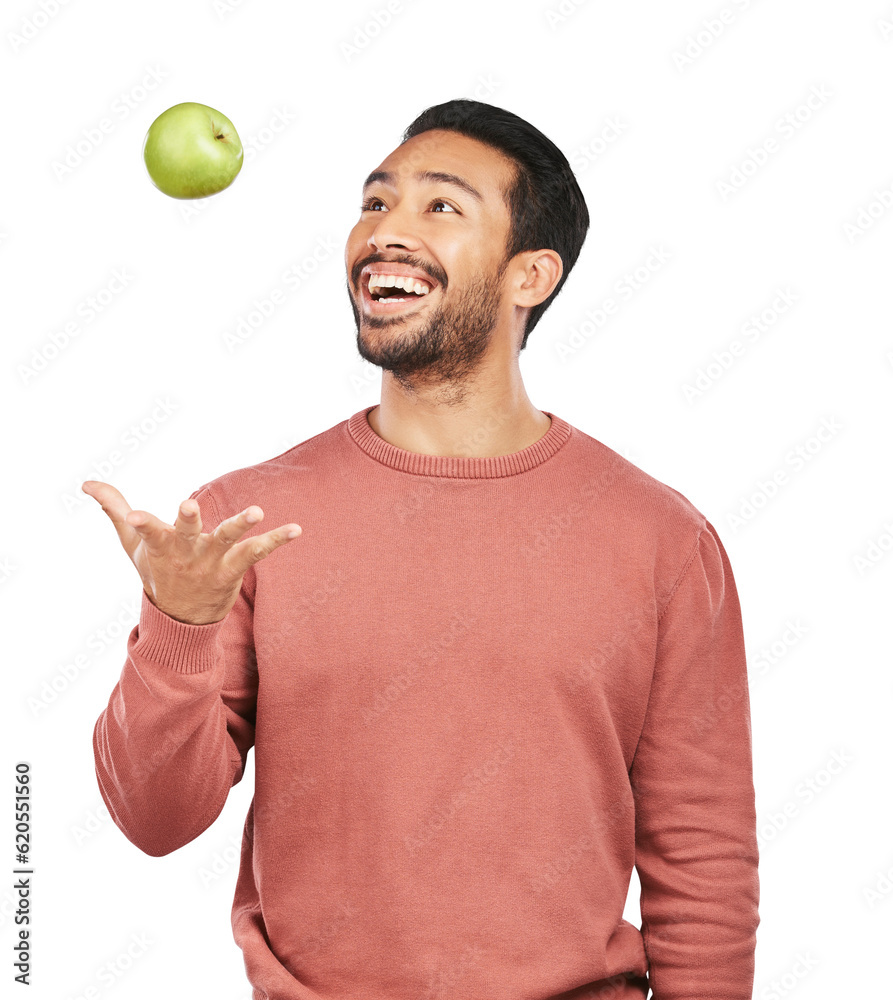 Throw, apple and man with fruit for health on isolated, png and transparent background for ...