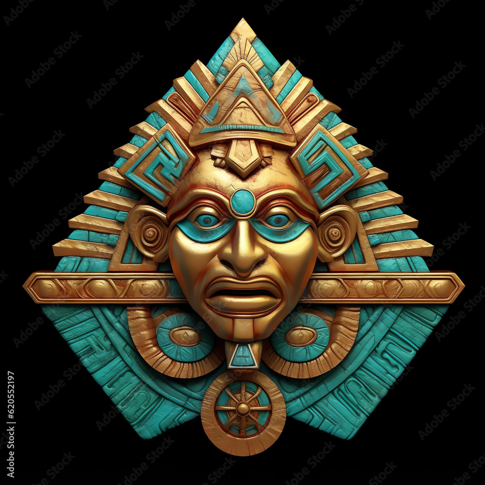A gold Inca Mayan Aztec god head metal emblem. 3D style artifact metal ...