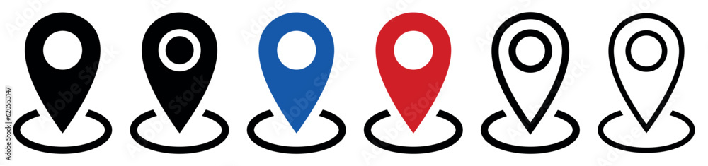 Set of location pin icons. Map marker pointer symbols, GPS location. Navigation map, location ...