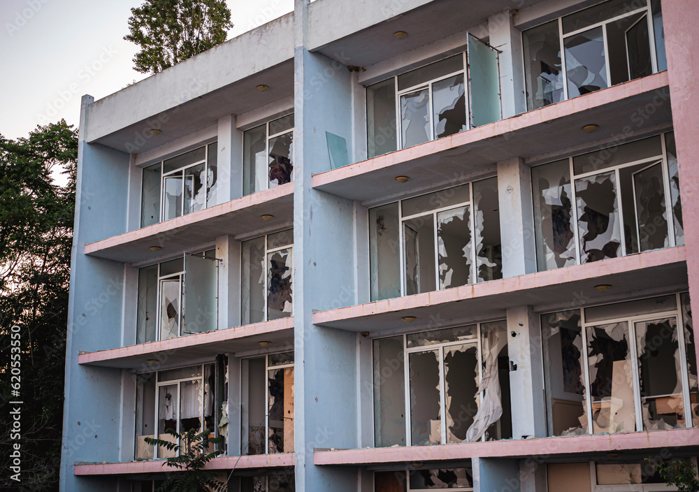 building looks like damaged by bombs. After bombing. Close up broken ...