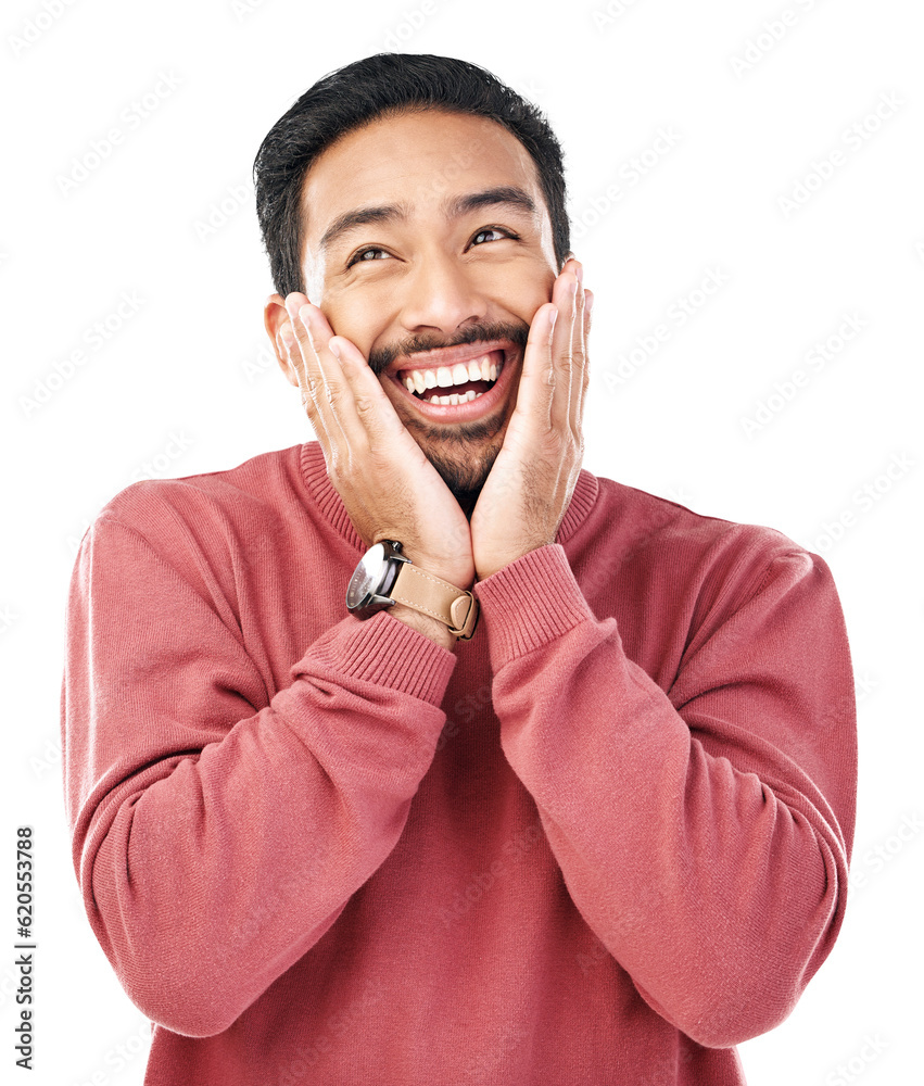 Smile, omg and hands on face of excited man with wow surprise on ...