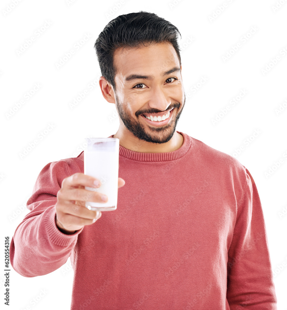 Portrait of asian man, glass and milk for drinking isolated on ...