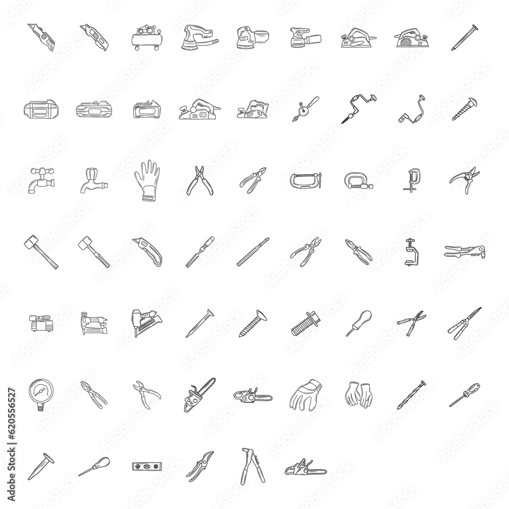 carpenter tools collection doodle design isolated on white background ...