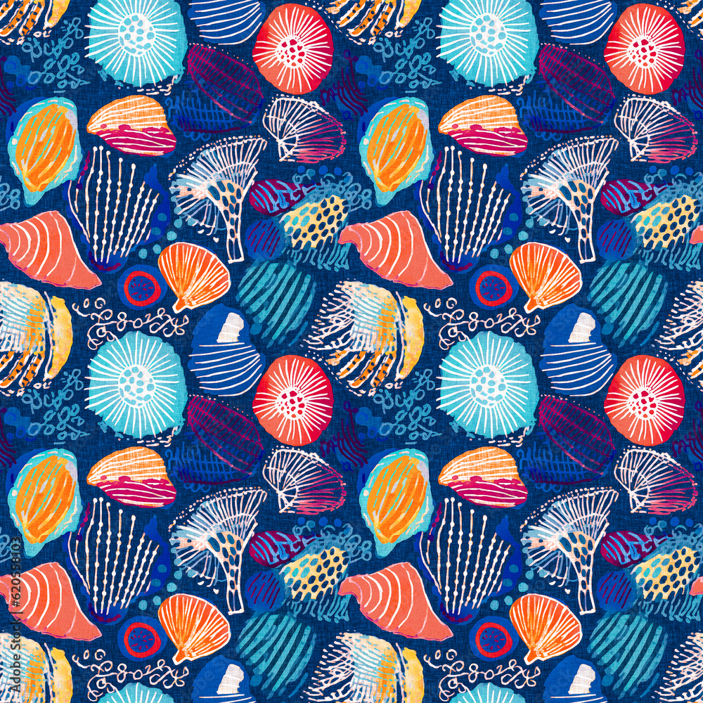 Seamless blue red underwater shell clam repeat background. Tropical ...