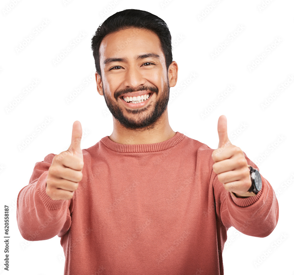 Happy asian man, portrait and thumbs up for success standing isolated ...
