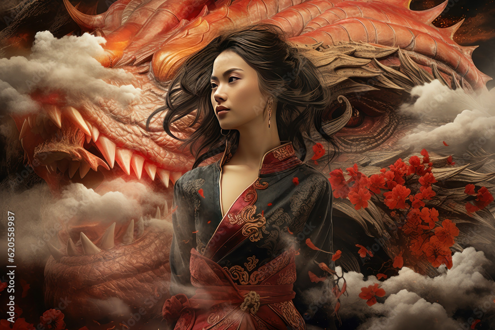 Beautiful Asian woman with colorful dress. Red dragon background ...
