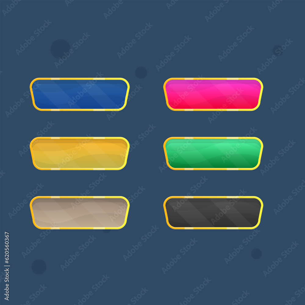 Game UI Buttons Set In Different Colors Window Pop Up Bar With Golden ...