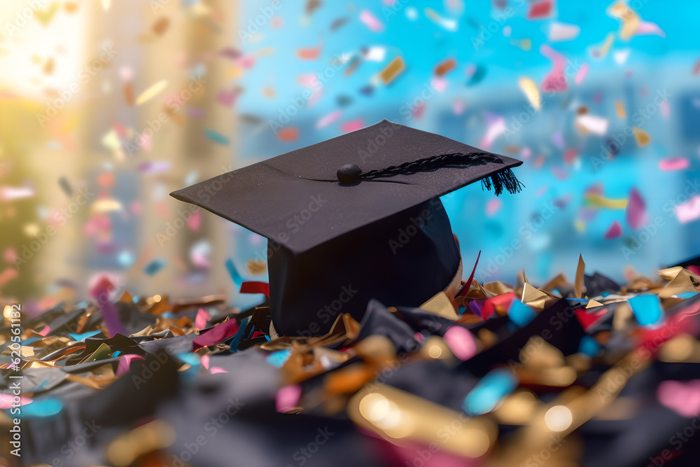 Graduation cap floating in the sky with confetti. Flying graduation ...