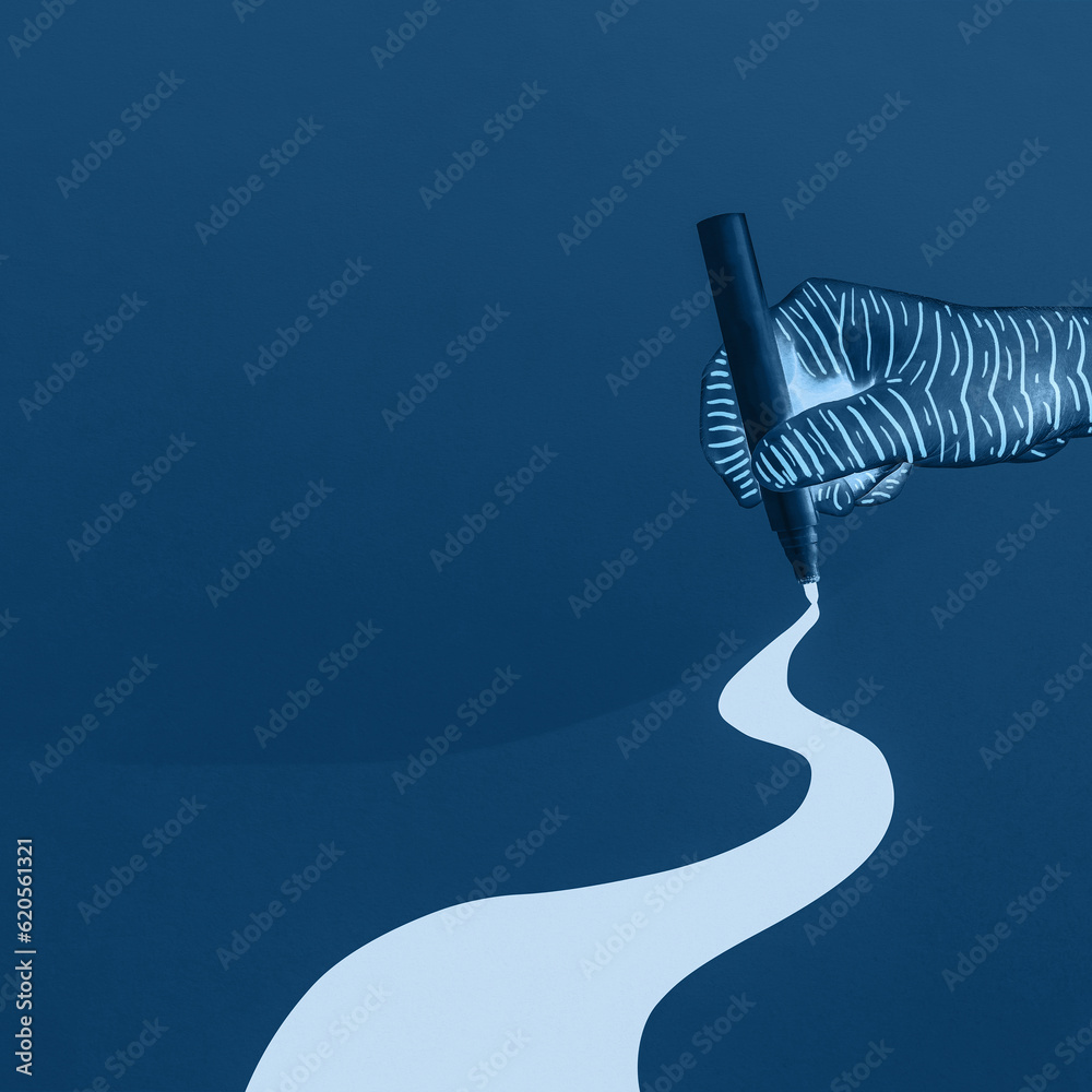 Concept of artist line design and scribbles on the prussian blue ...