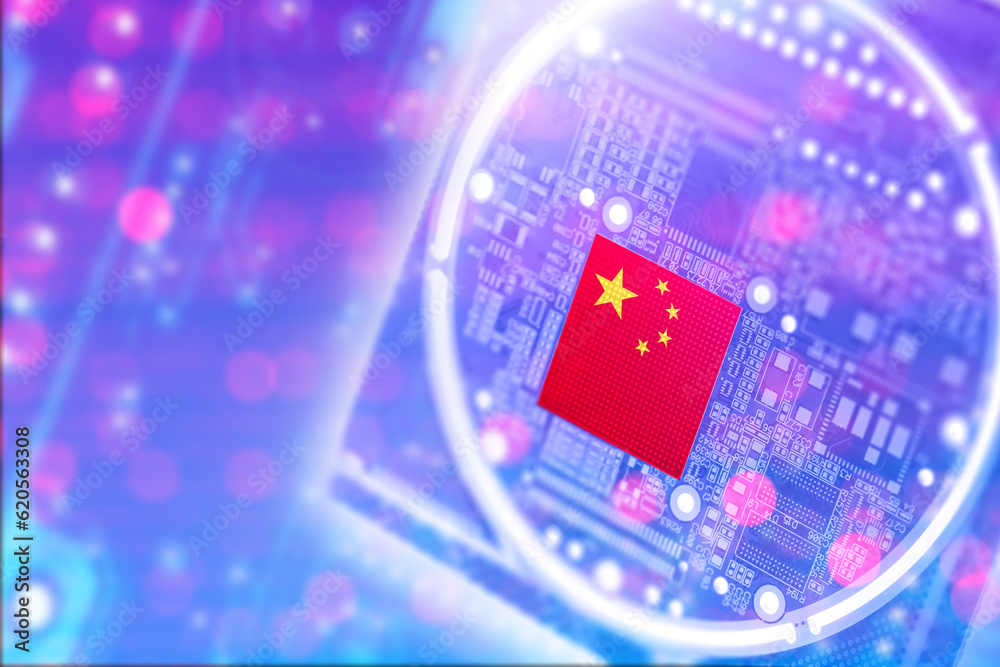 Digital board with China flag. PRC symbol on microprocessors ...