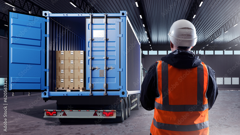 Truck with container. Man logistician with his back to camera. Truck ...
