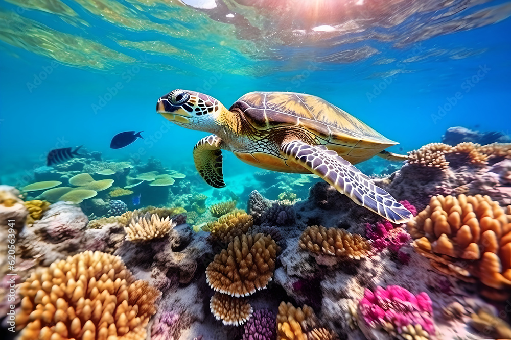 Photo Art Print Underwater wildlife panorama Coral reef with wild sea turtles and fish tropical ocean underwater life AspctStyle