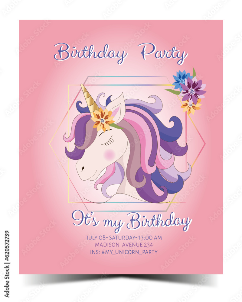 Cute unicorn invitation with flowers. Ready to print. Vector ...