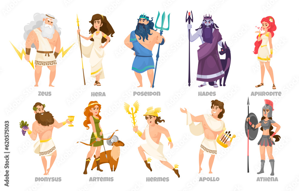 Set of Greek mythology gods and goddesses isolated on white background. Vector collection of ...