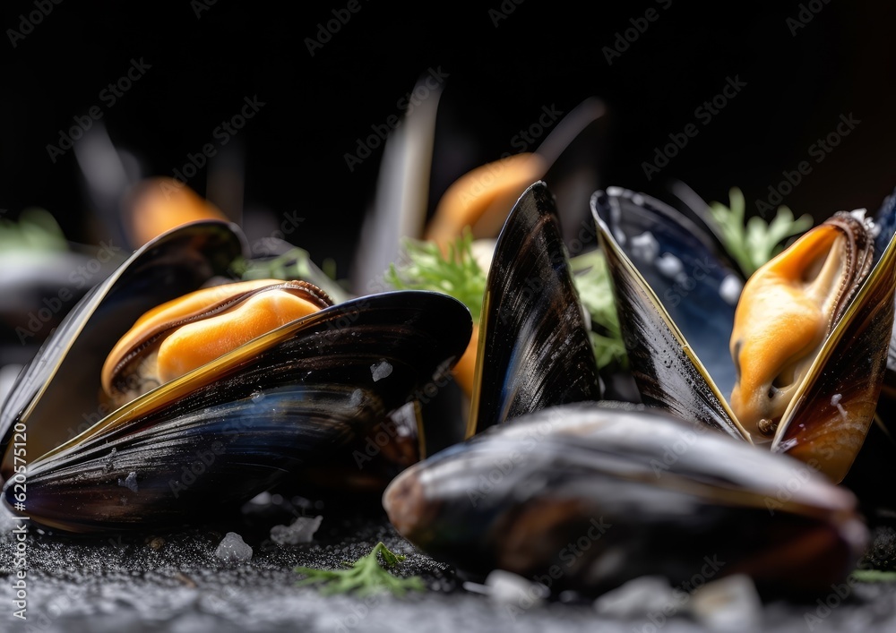 Moules Marinières with a focus on the open shells and fresh mussels ...