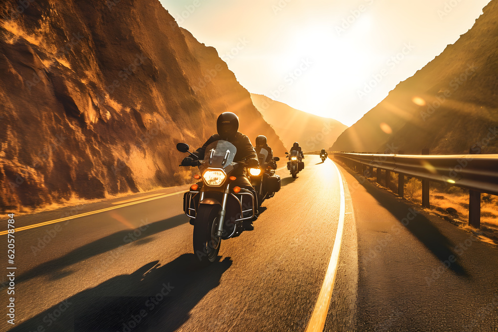 Foto de group of friends riding toghether at sunset group of motorcycle ...