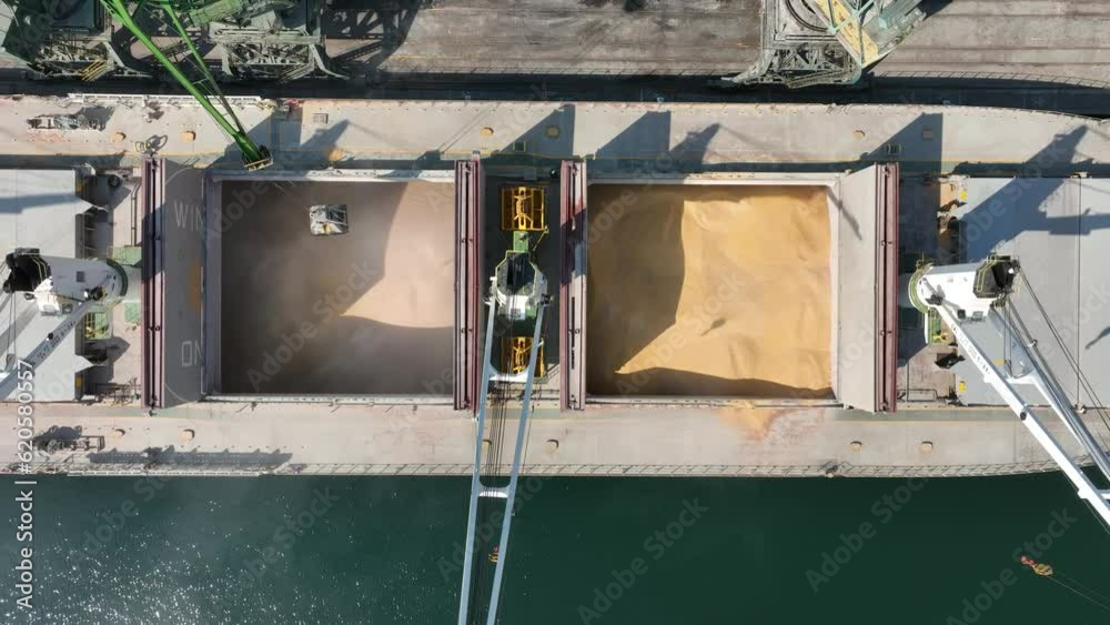 Loading dry cargo ship of wheat by cranes in port. Aerial view loading into holds of sea cargo ...