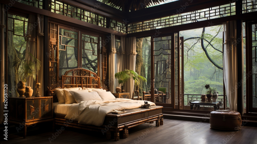 A traditional Chinese bedroom with a carved wooden bed, a silk canopy ...