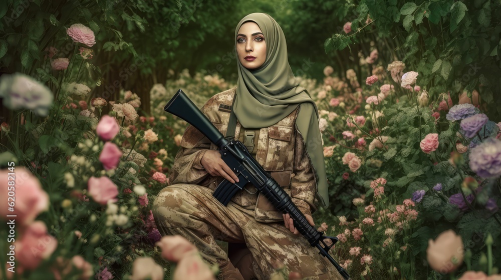 military muslim woman pose carrying weapon Stock Illustration | Adobe Stock