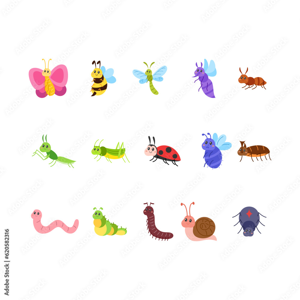 Cute cartoon insects with friendly faces illustration. Cute bugs and ...