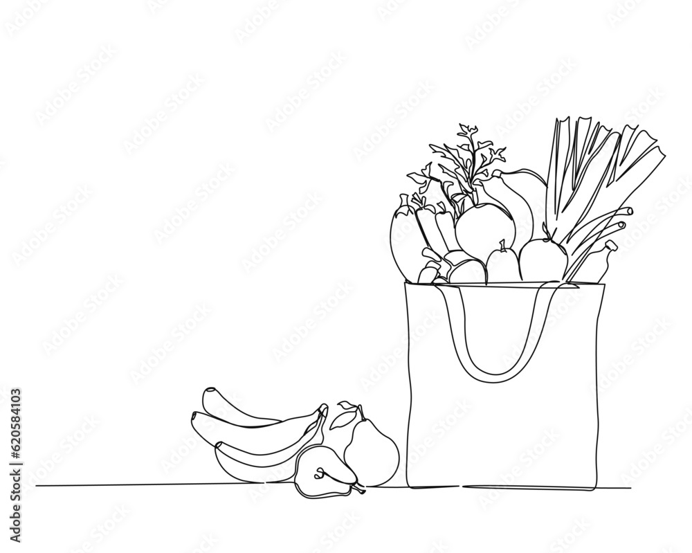 Continuous one line drawing of fresh food on paper grocery basket ...