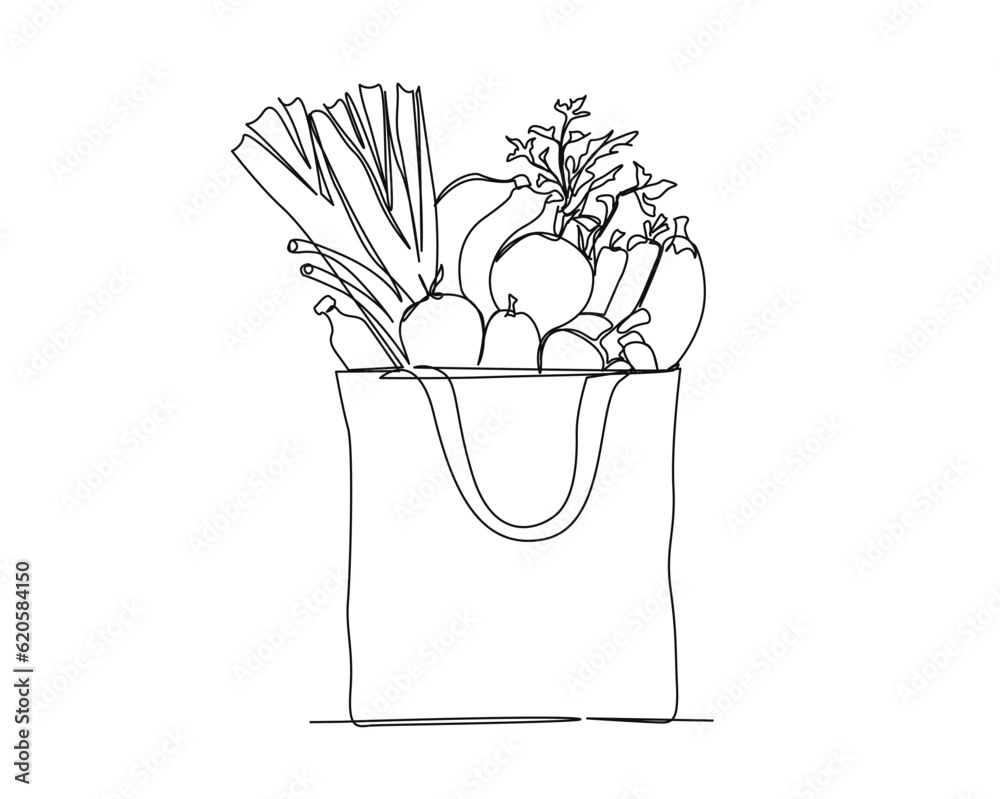 Continuous one line drawing of fresh food on paper grocery basket ...