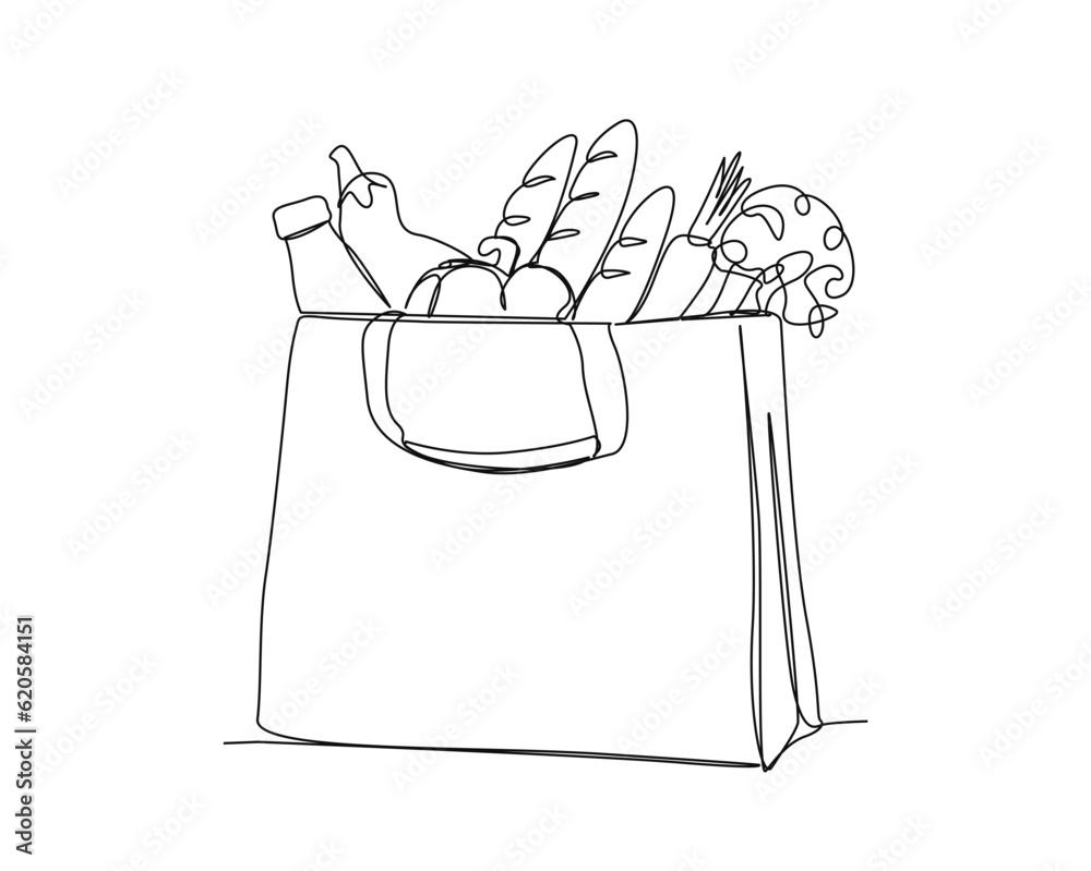 Continuous one line drawing of fresh food on paper grocery basket ...
