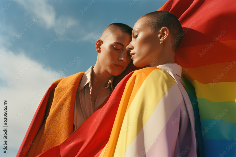 two friends/models/lgbtq+ non binary couple standing in nature with ...