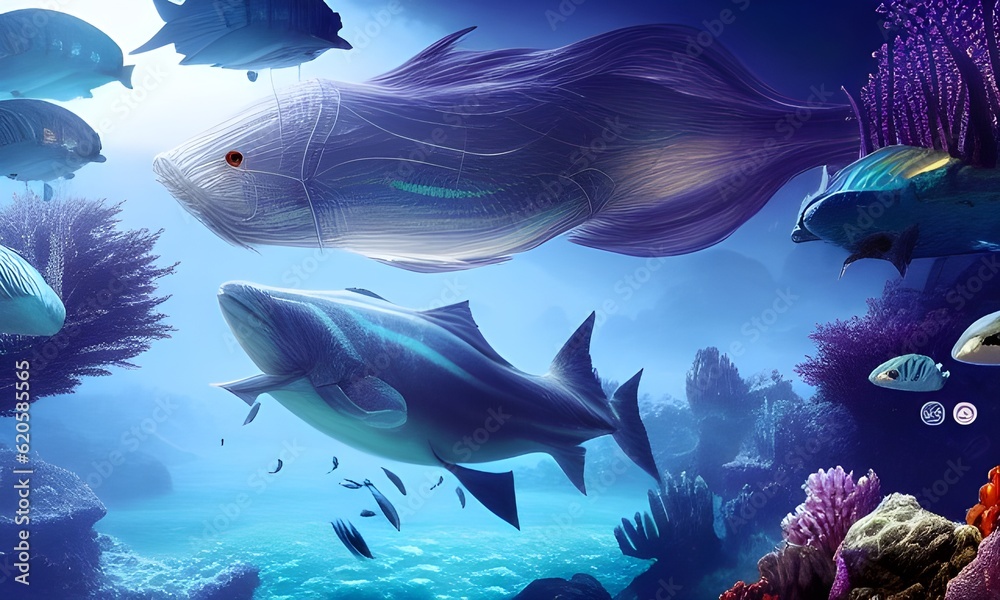 Underwater fantasy world of cute magical fishes swimming. Mystical ...