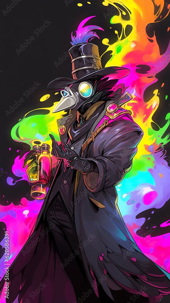 Witch doctor character wearing a top hat and steampunk glasses, vibrant ...