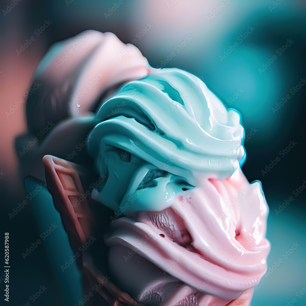 Primer plano de un cono de helado de heladería. Helado azul y rosa para ...