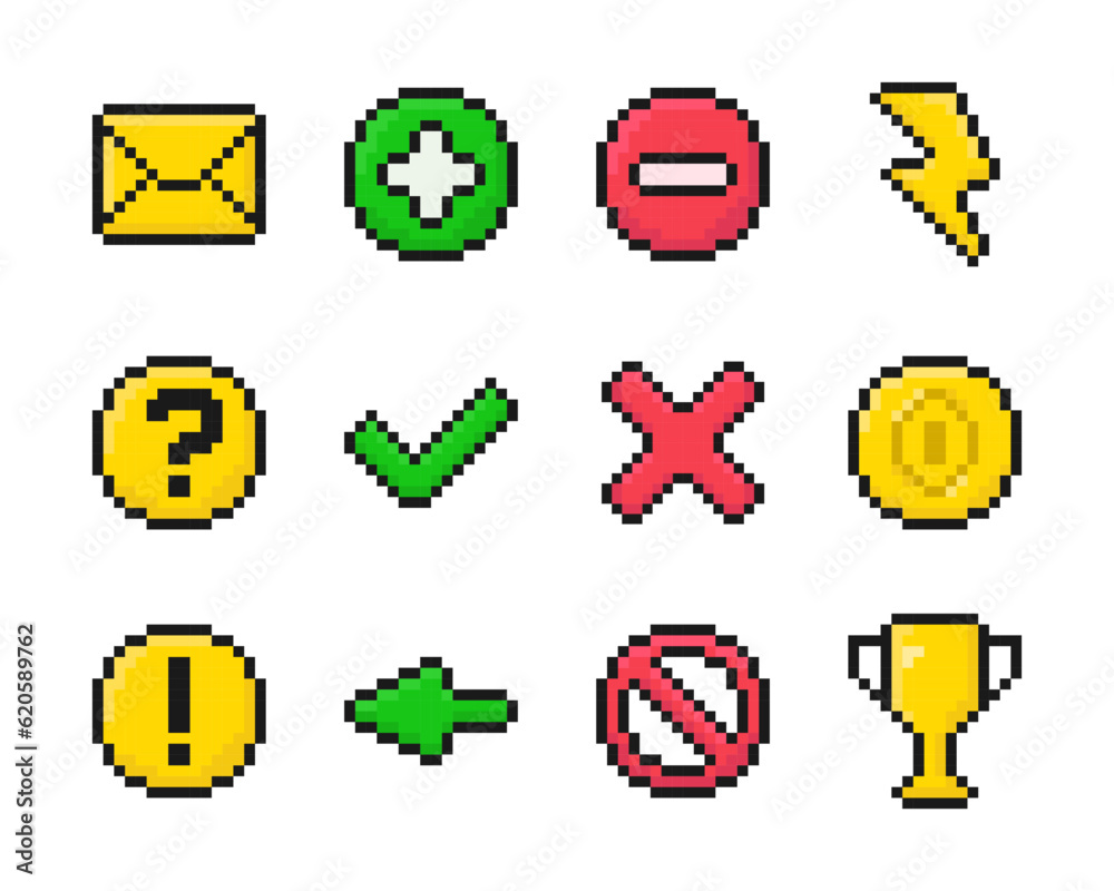 set of pixel art vector objects, icons for game or mobile apps, 8-bit ...