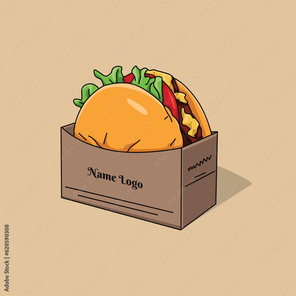 illustration of a colorful burger in a brown cardboard packaging box ...