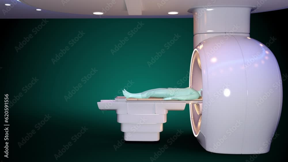 The patient moves in the MRI scanner and an MRI of the brain appears on ...